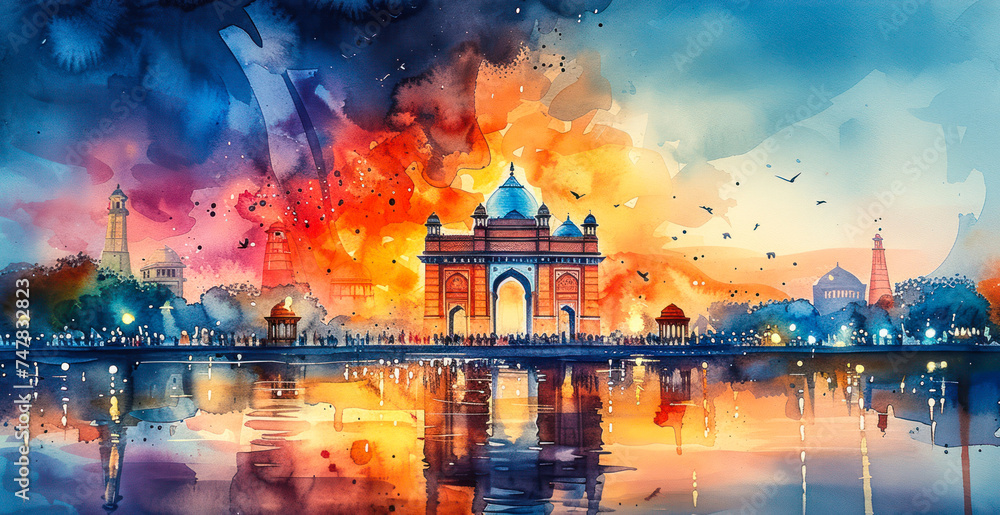 Watercolor Painting of India Gate and Vibrant Sunset Sky Reflected in ...