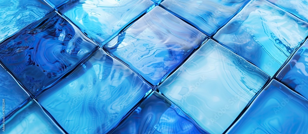 The close-up shot shows a blue glass tile wall with a smooth texture ...