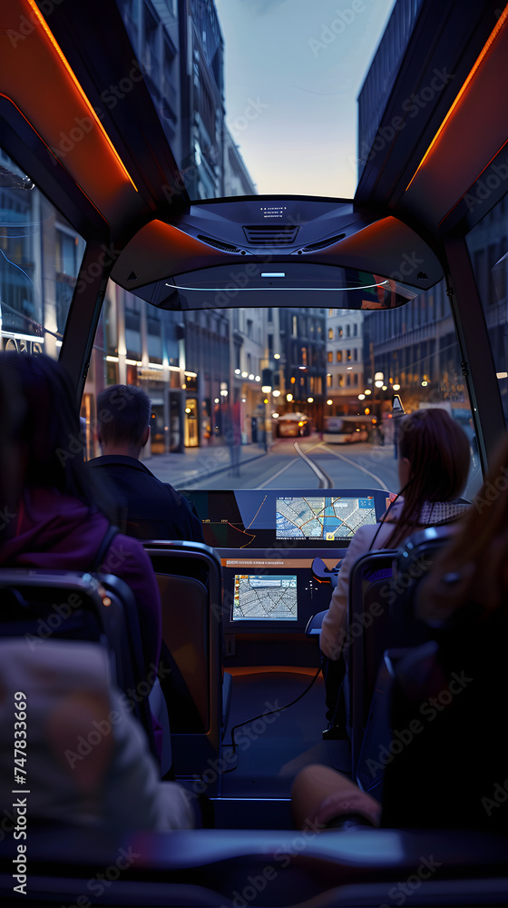 interior of an autonomous self driving bus, people are sitting in the ...
