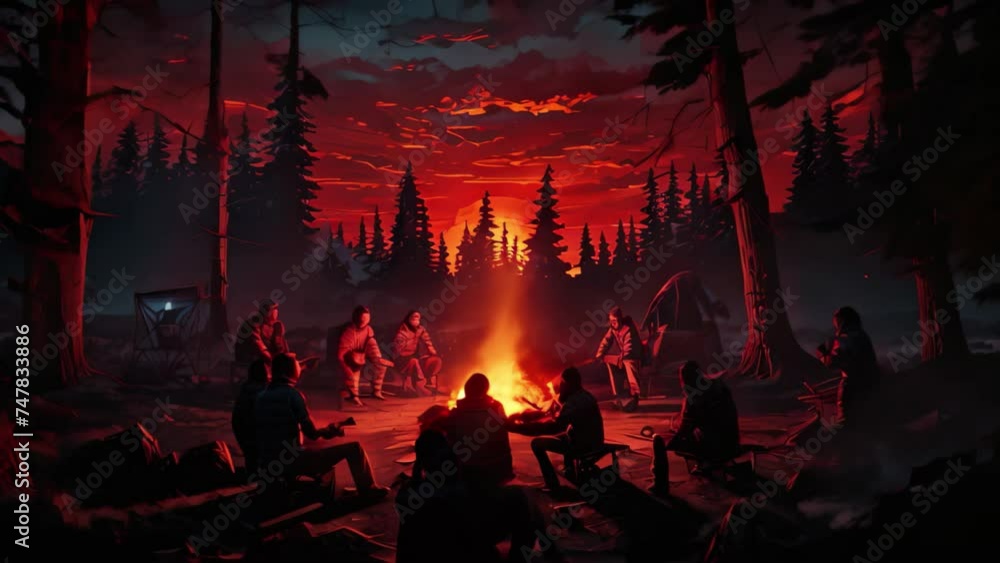 Illustration of a campfire in the forest with people on it, A haunting ...