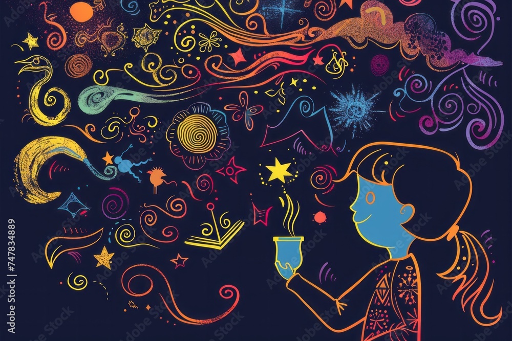 Cartoon cute doodles of a child daydreaming about having magical powers ...