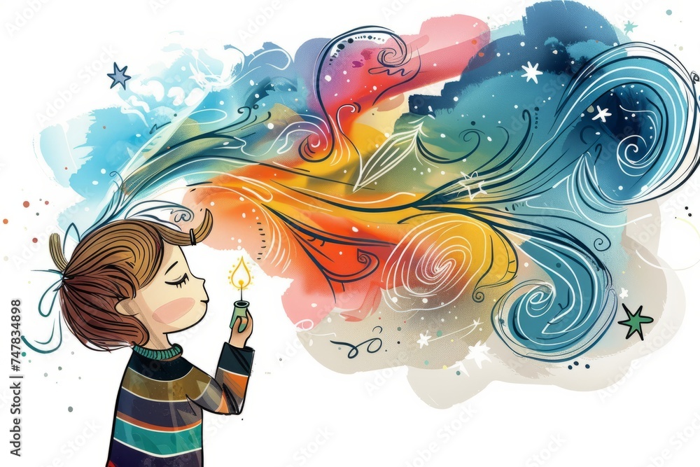 Cartoon cute doodles of a child daydreaming about having magical powers ...