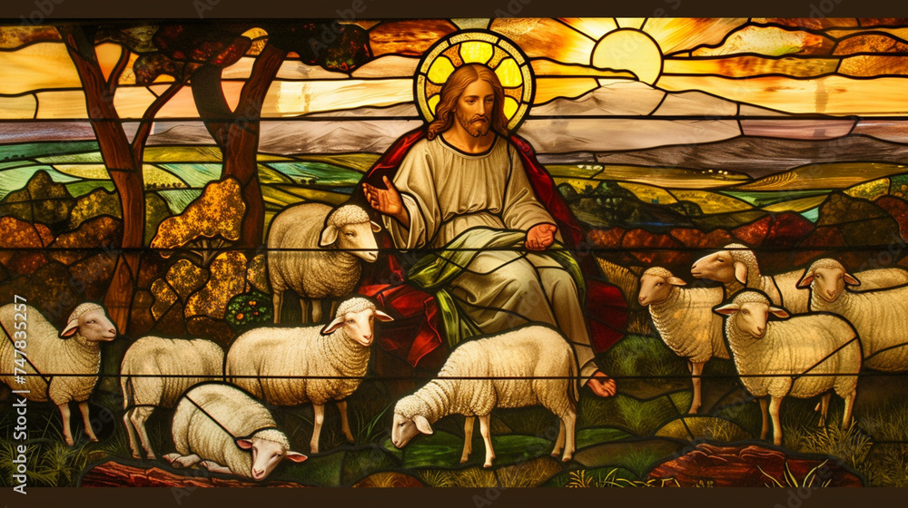 Craft a stained glass window showing Jesus as the Good Shepherd ...