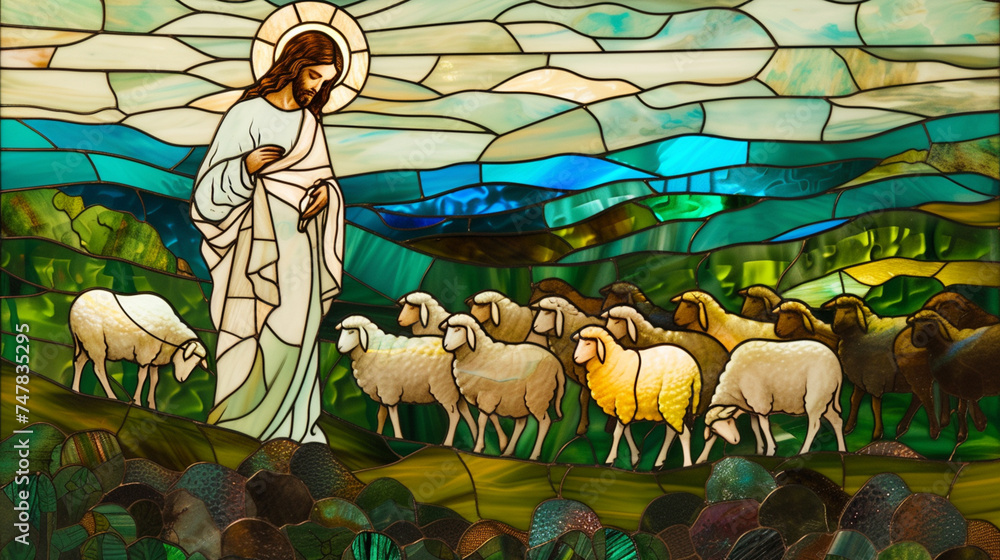 Craft a stained glass window showing Jesus as the Good Shepherd ...
