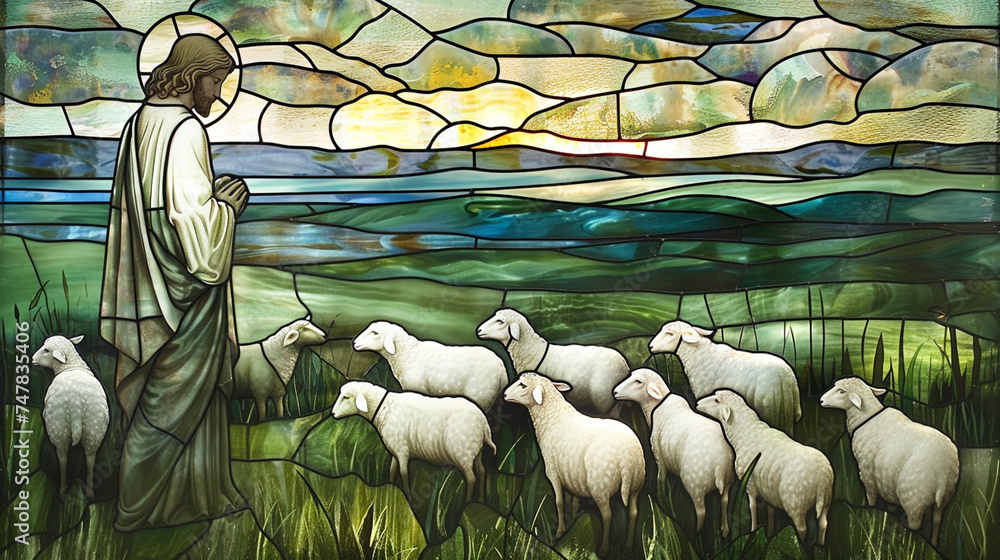 Craft a stained glass window showing Jesus as the Good Shepherd ...