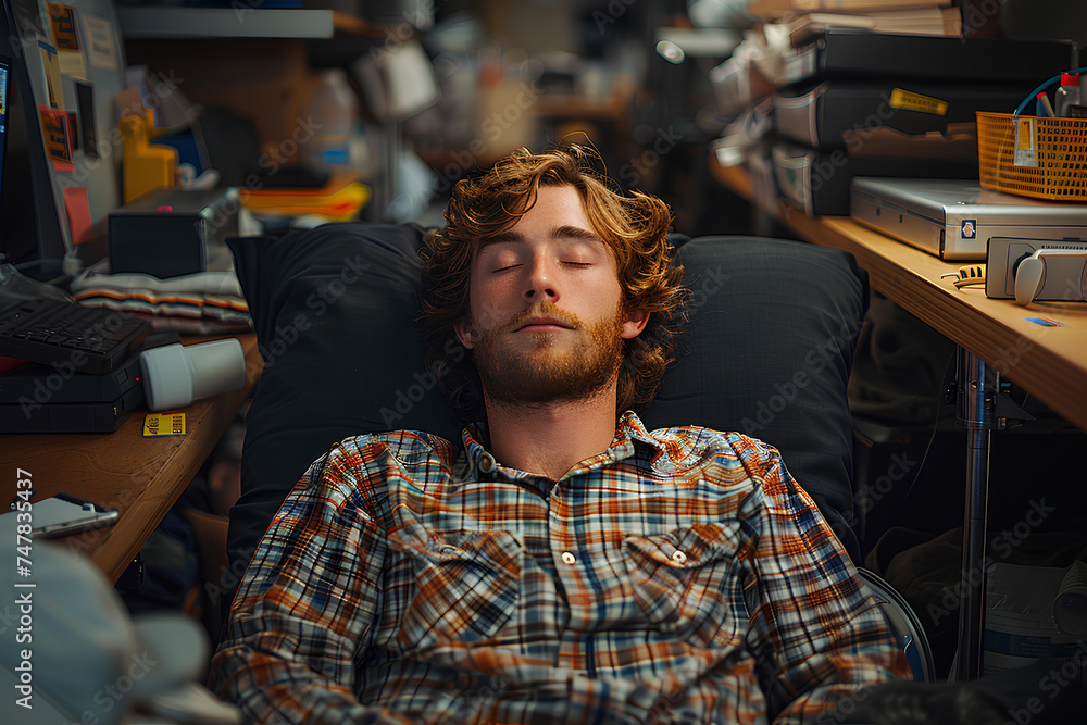Office workers sit and fall asleep during their lunch break. Resting by ...