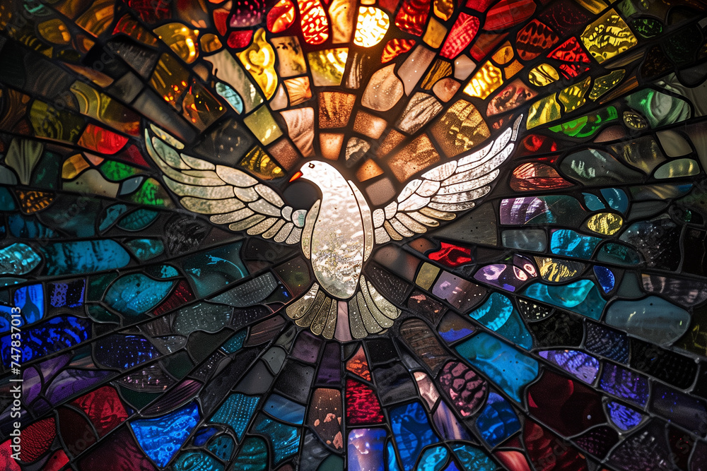 A stained glass window shows the Holy Spirit as a dove flying down ...