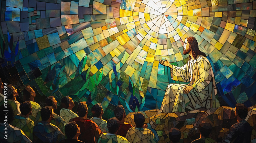 Create a stained glass representation of Jesus delivering the Sermon on ...