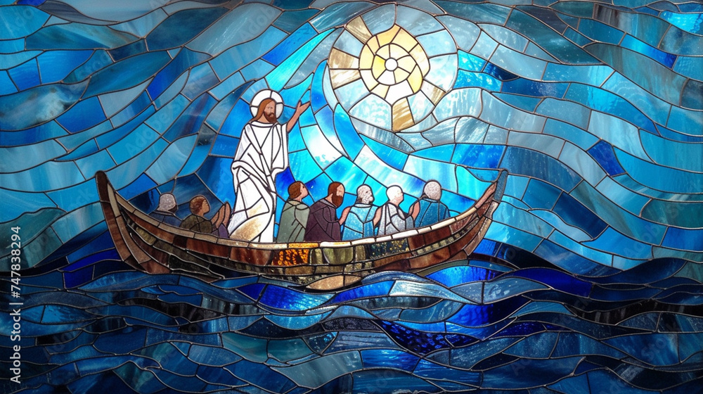 Illustrate Jesus walking on water in a stained glass design, with ...