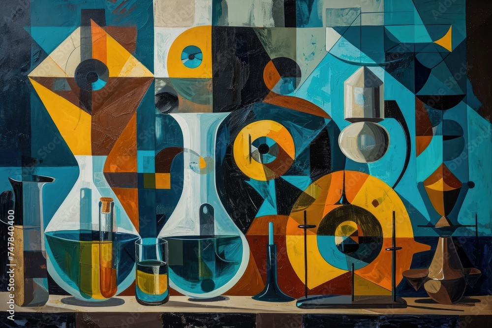 A visually detailed painting depicting an assortment of objects placed ...
