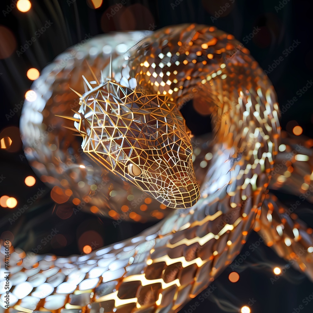 A wireframe serpent sculpture glows with a lattice of bright lights ...