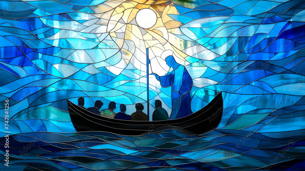 Illustrate Jesus walking on water in a stained glass design, with ...