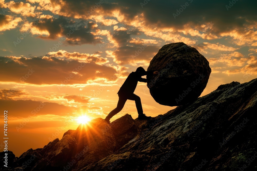Person Pushing a Large Rock Up a Steep Mountain Path, Silhouette of a businessman pushing a ...