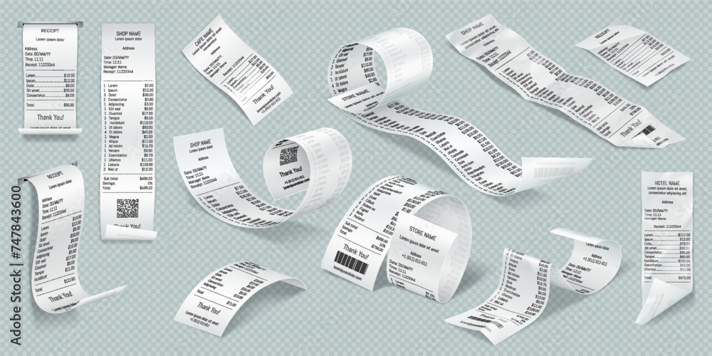 Payment paper checks realistic vector illustration set. Bills for ...