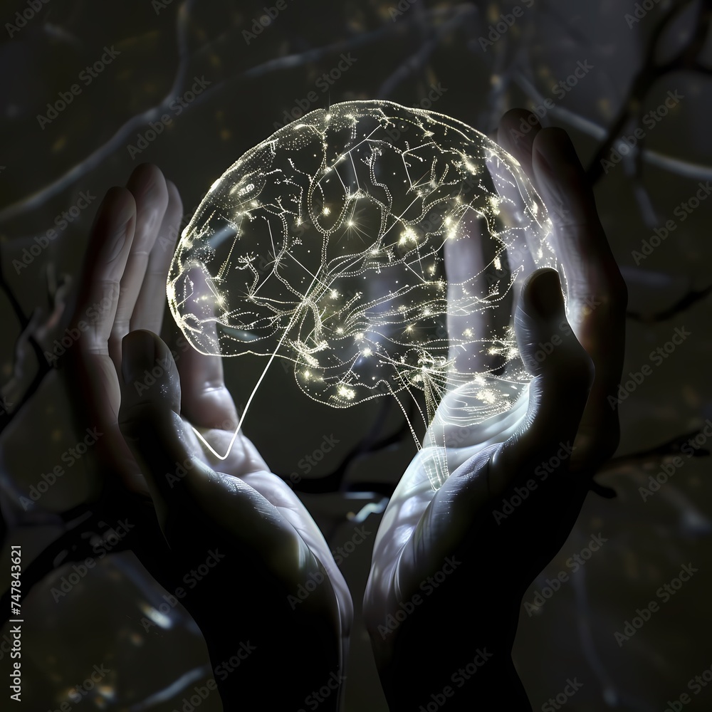 Ethereal hands hold a translucent brain, its neural pathways aglow ...
