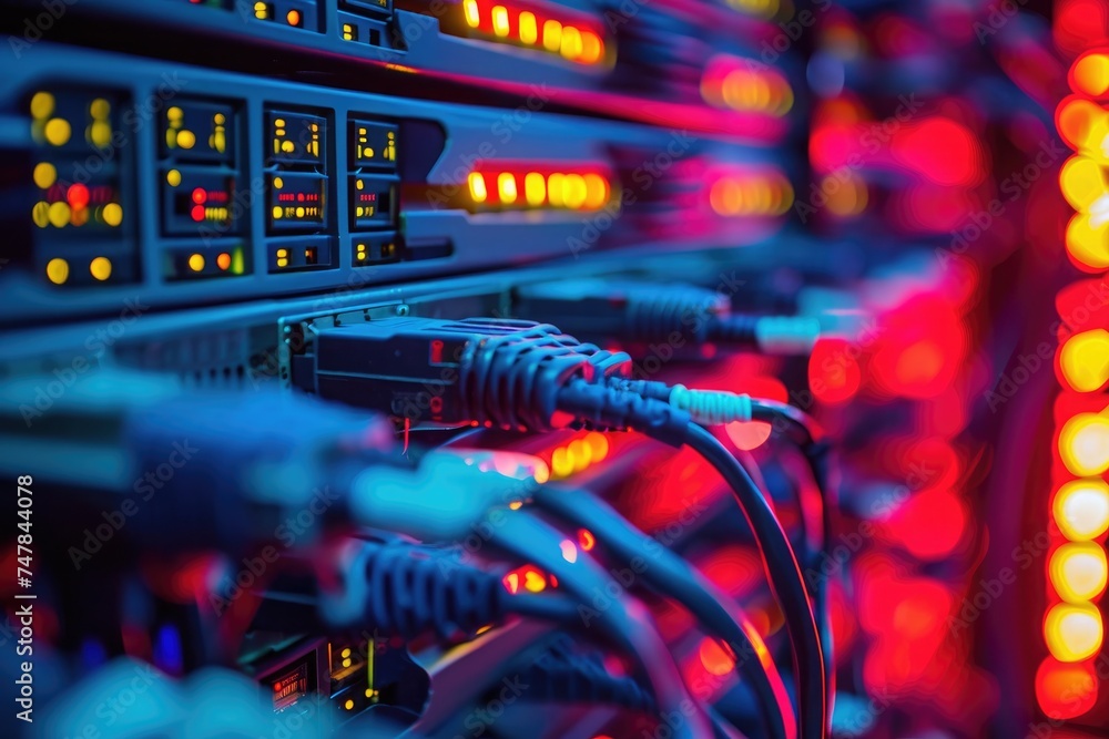 This photo showcases a detailed close-up of a network rack with ...