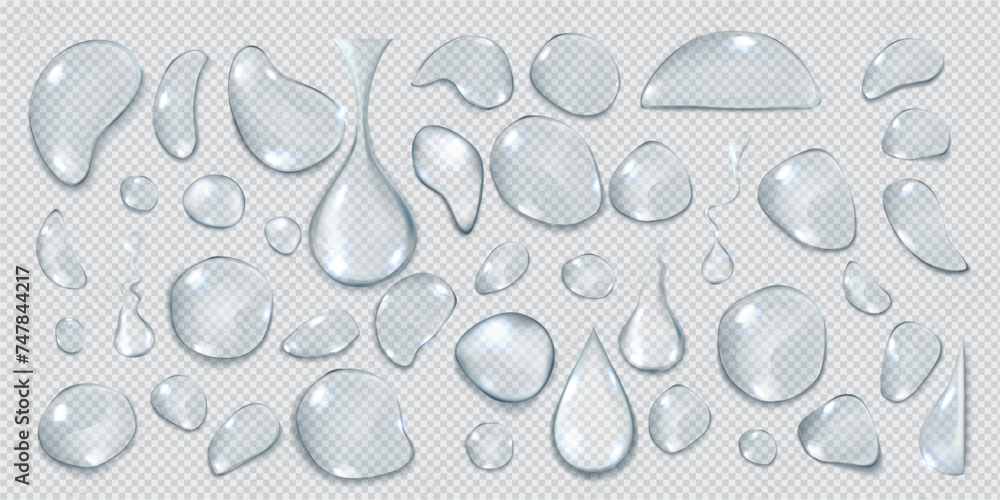 Transparent water drops realistic vector illustration set. Fresh fluid ...