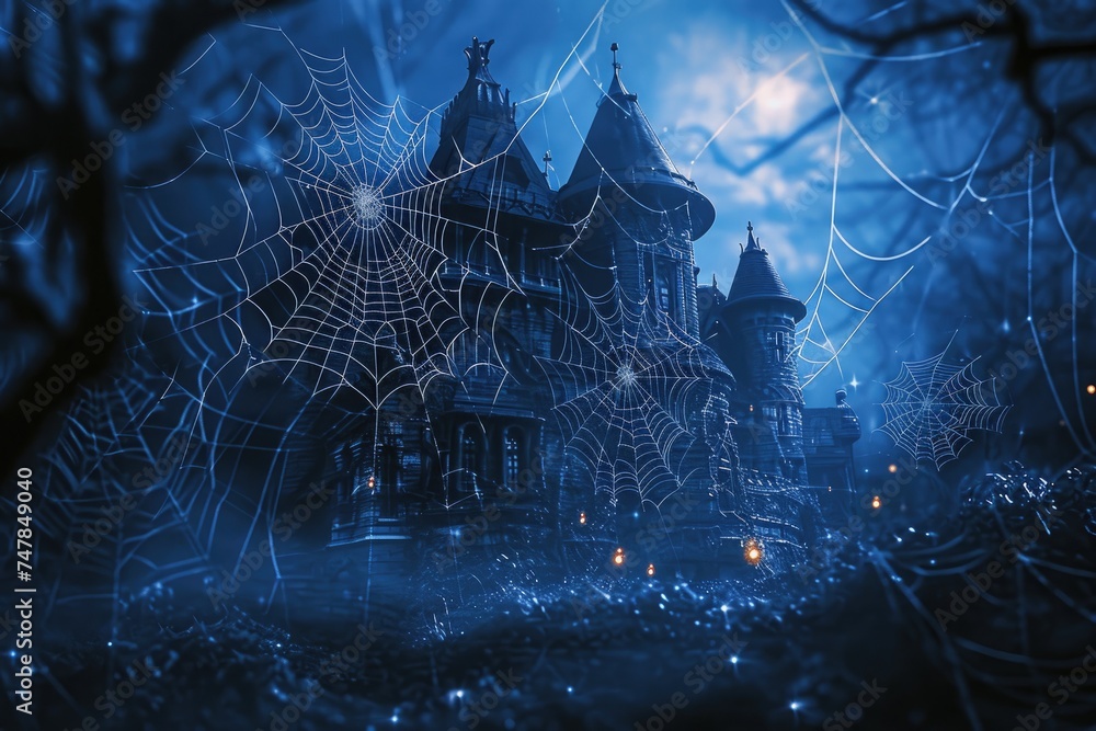 A creepy house covered in spider webs creates a chilling atmosphere ...