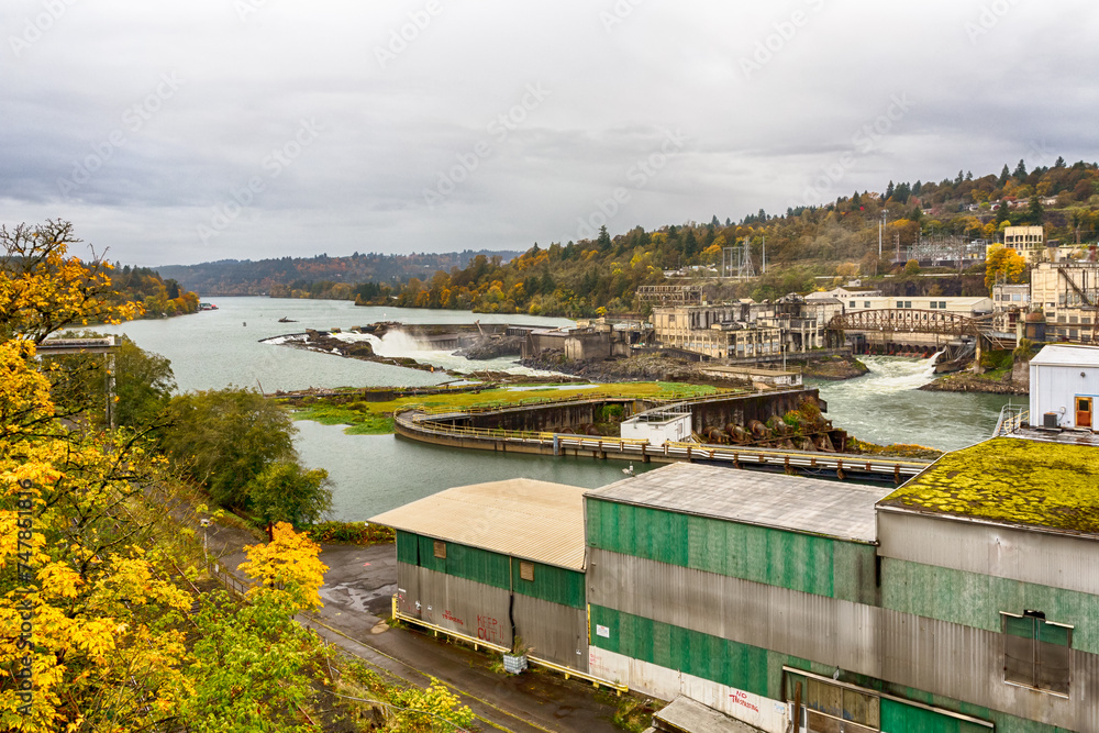 Willamette Falls and industrial buildings on the Willamette River in ...