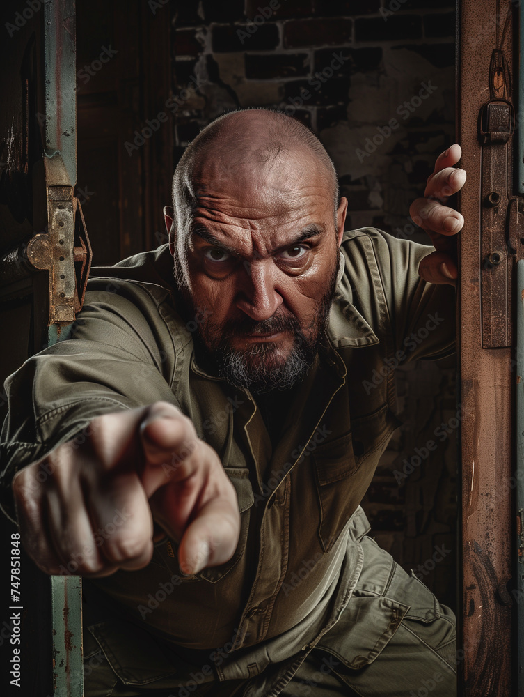 Mann oder Handwerker mit Glatze kommt durch eine Tür und zeigt auf dich ...