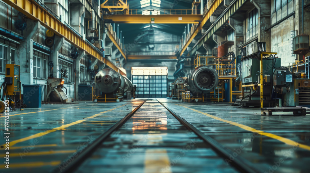 An industrial interior of a large manufacturing hall with a railway ...