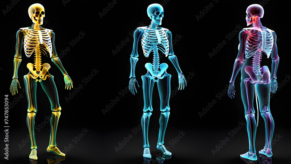 a human skeleton full body anatomy color on a black background. 3d ...