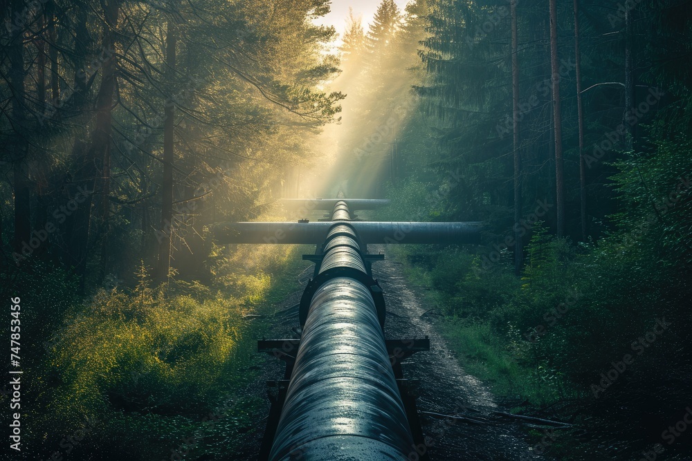 A long, rusty pipe stands in the middle of a forest, connected to a ...