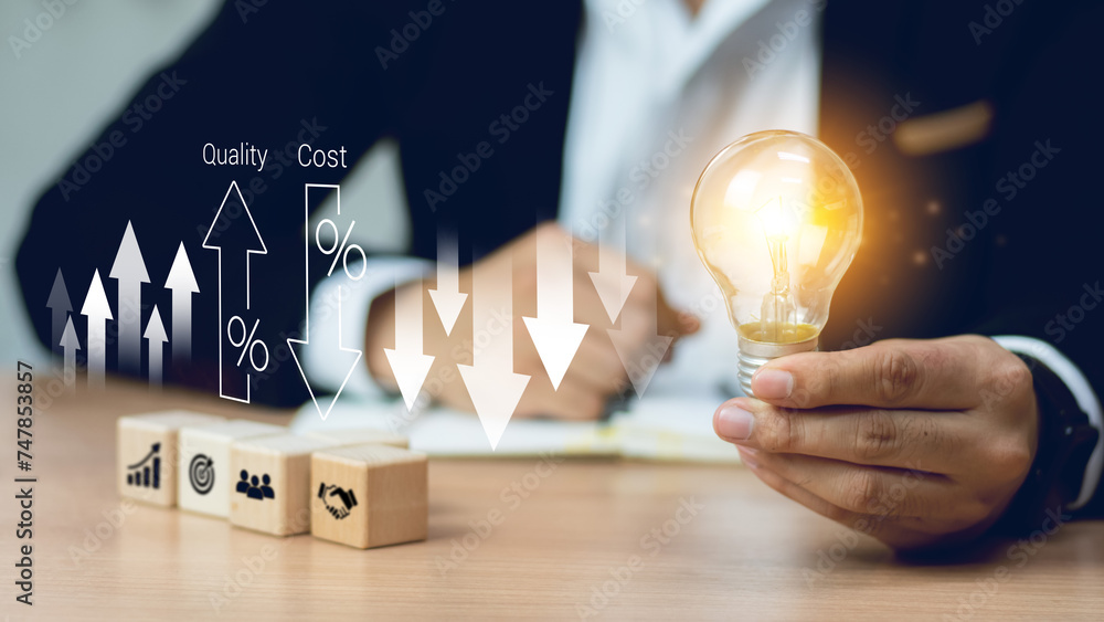 Cost and quality control, business strategy and project management concept. Businessman working ...