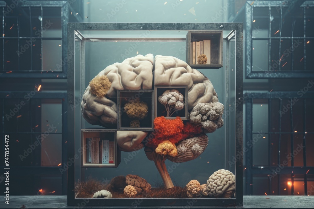 A factual photo showing a human brain encased in glass, providing a ...