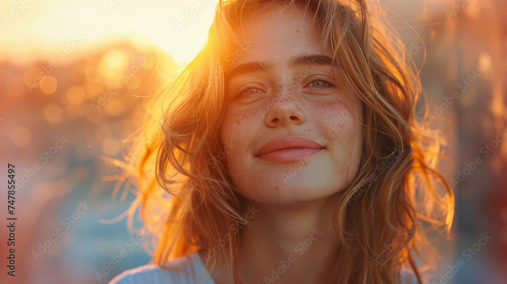 Radiant young woman with freckles smiling in a sunset light, conveying ...