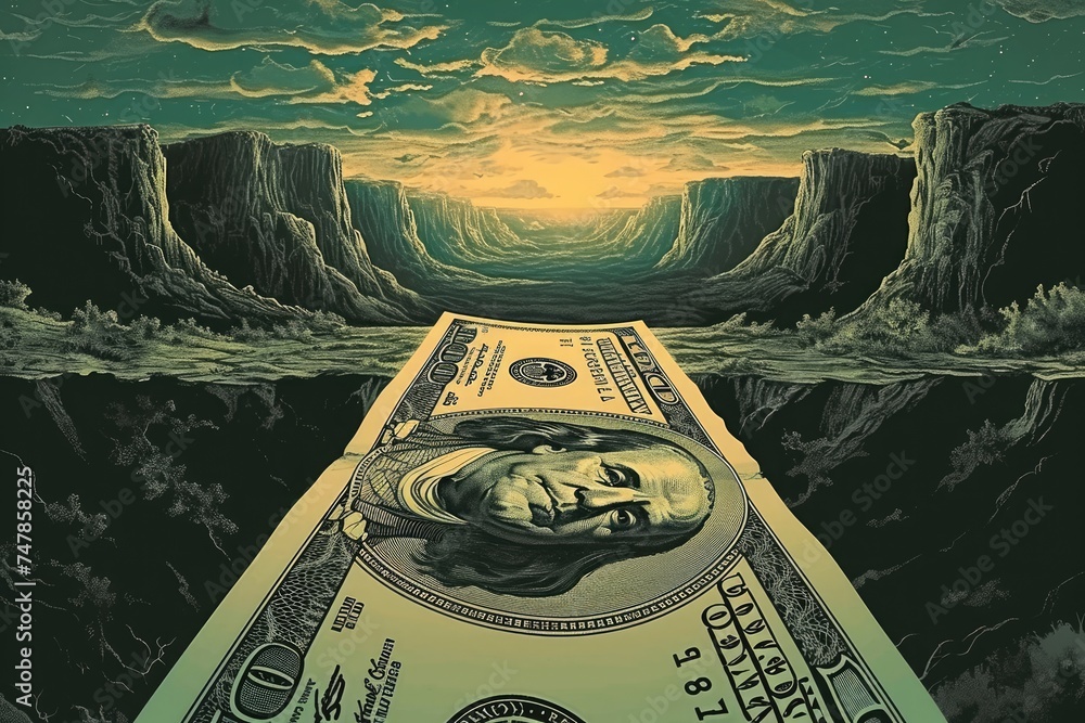 A dollar bill is seen floating in the water with a majestic mountain in ...