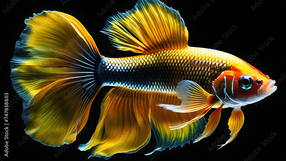 a pet animal yellow betta fish on a black background. cartoon cute ...