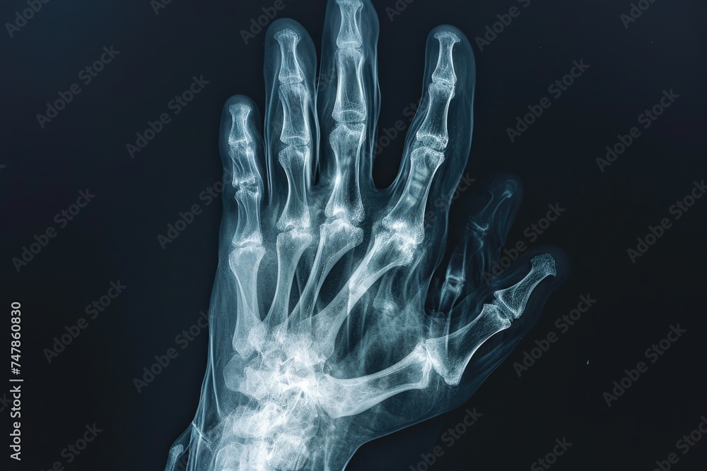 This photo displays an x-ray image of a hand, revealing the intricate ...