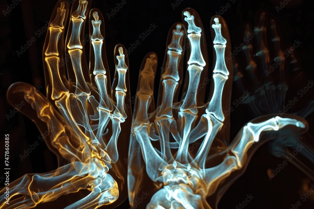 This x-ray image shows the intricate details of a human hand and wrist ...