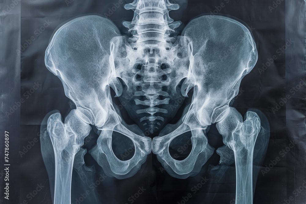 This x-ray image displays the back of a human skeleton, specifically ...