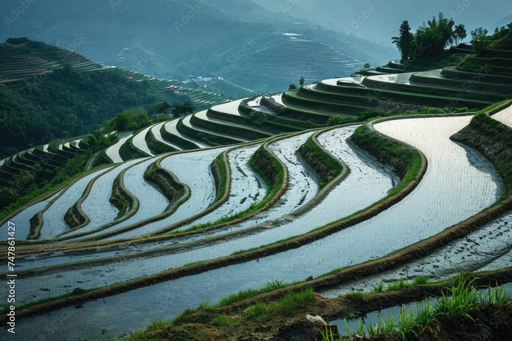 A view of a rice field with water steadily flowing down the side ...