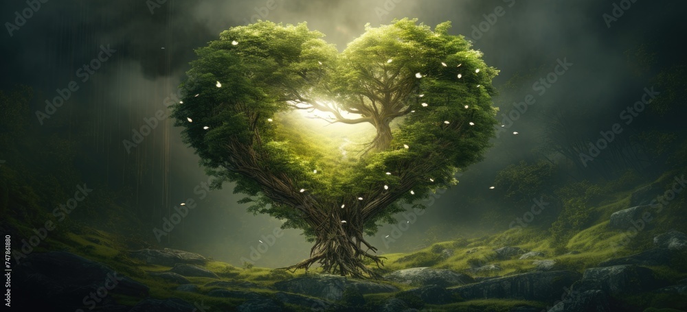 Amidst the dense foliage of the forest jungle, a heart-shaped motif ...
