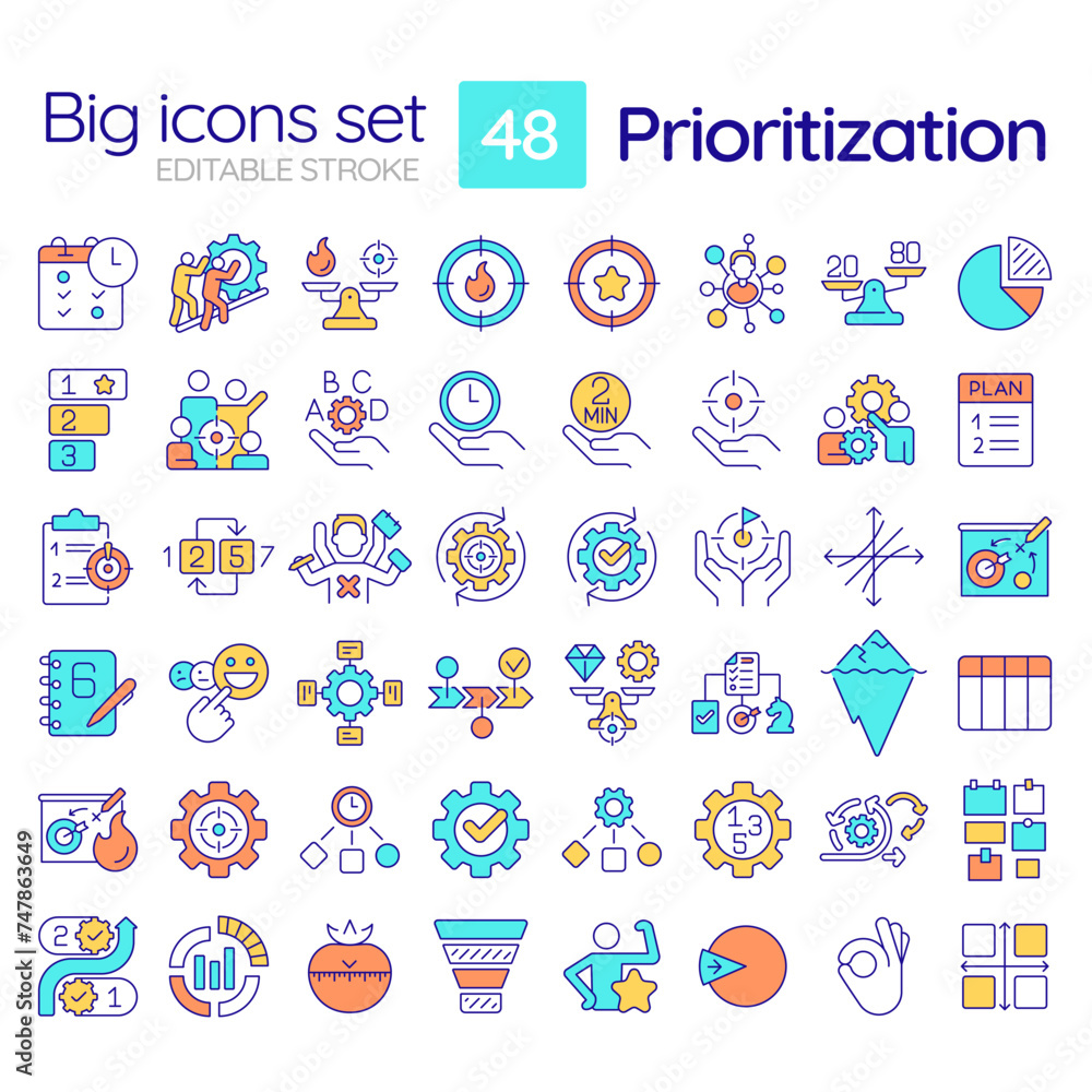 Prioritization RGB color icons set. Time management. Task organization ...