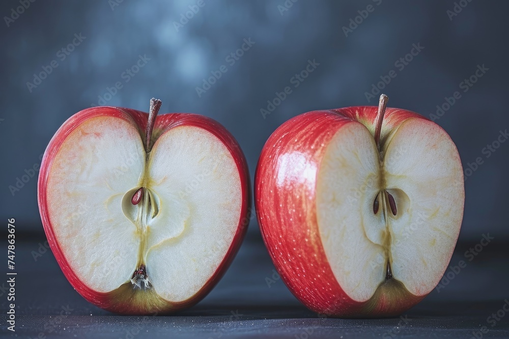Two halves of apples, cut and placed next to each other, showcasing the ...
