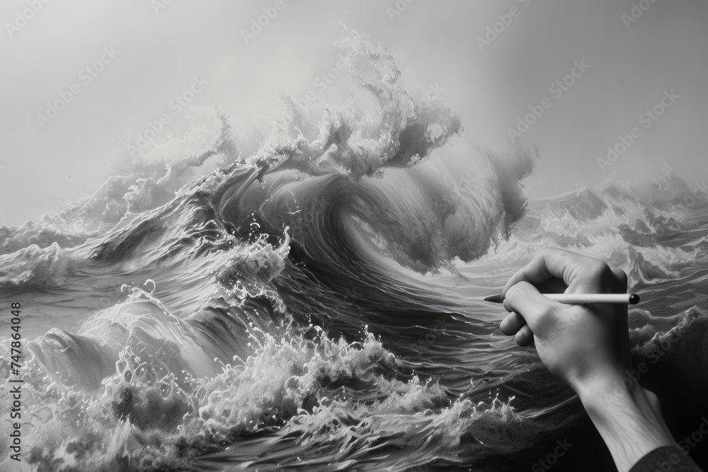 A detailed drawing of a hand firmly clutching a pencil, poised in front ...