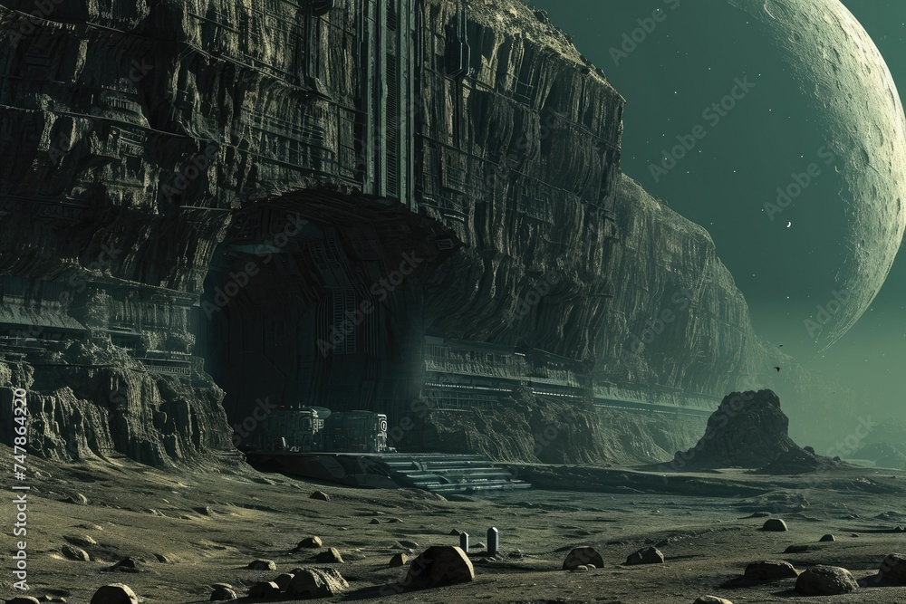 A barren, alien landscape featuring a colossal rock formation towering ...