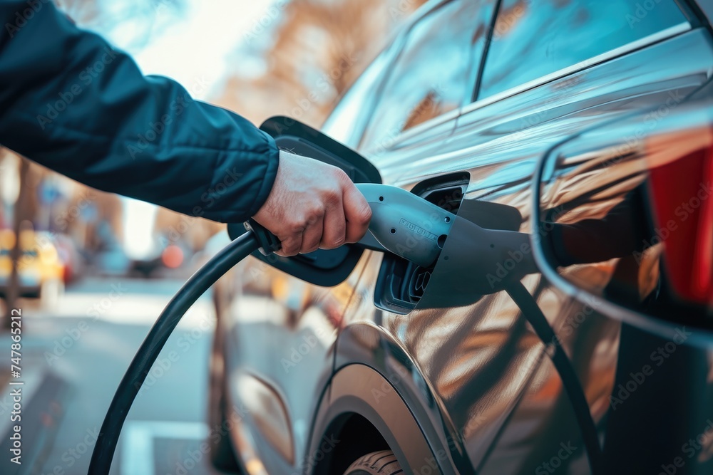 Person Pumping Gas Into a Black Sedan at a Busy Gas Station, Up close ...