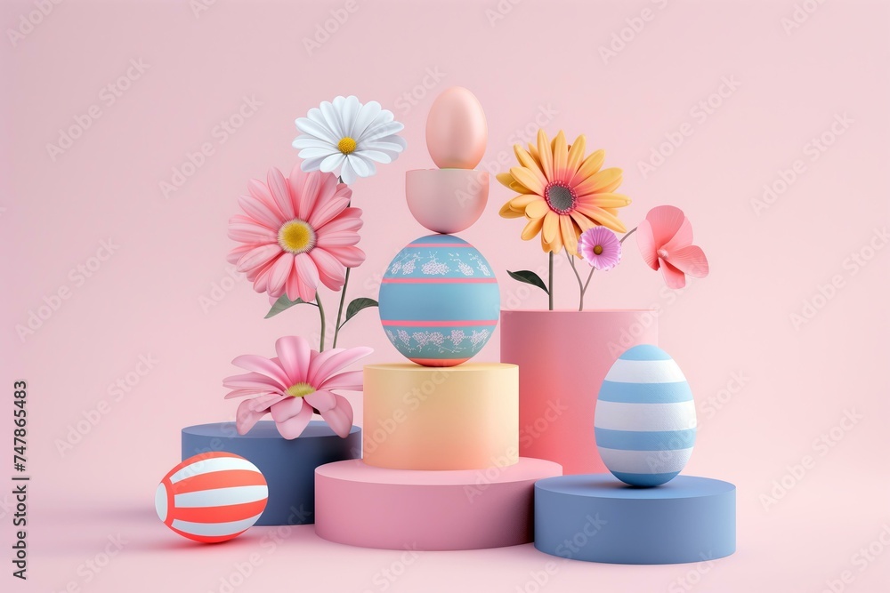 stacked flying geometric shapes, easter eggs and spring flowers, modern ...