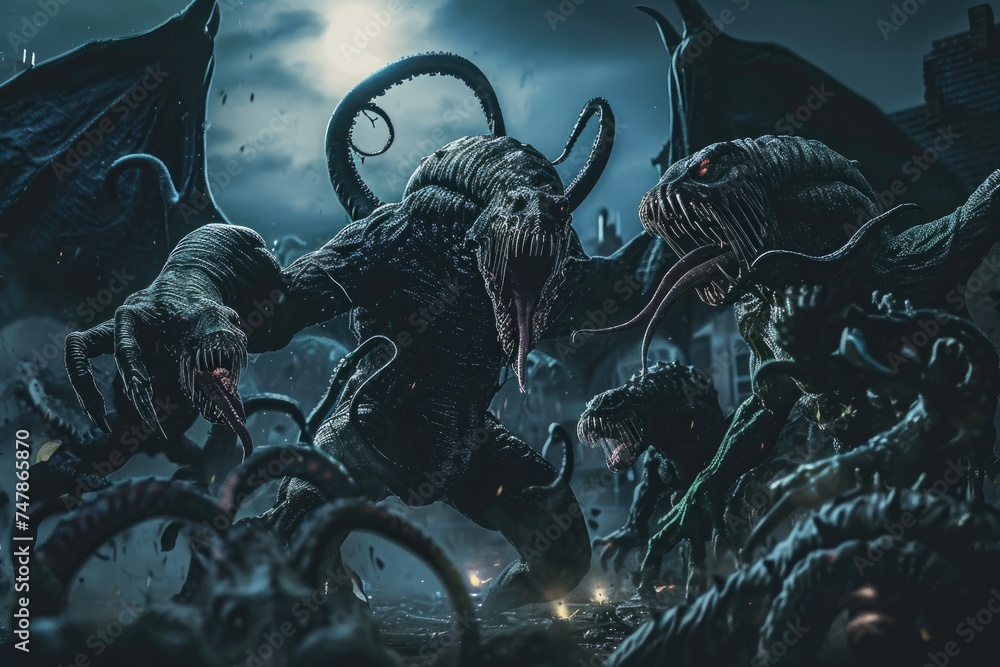 A menacing group of giant monsters stalk through the shadowy streets of ...