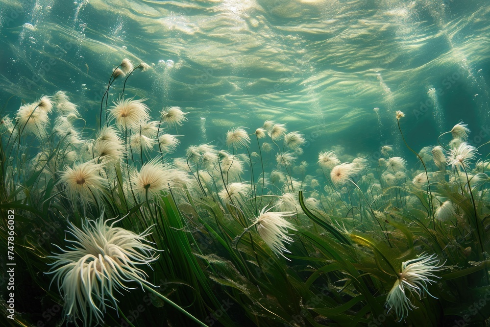 A collection of various aquatic plants fully submerged and thriving in ...