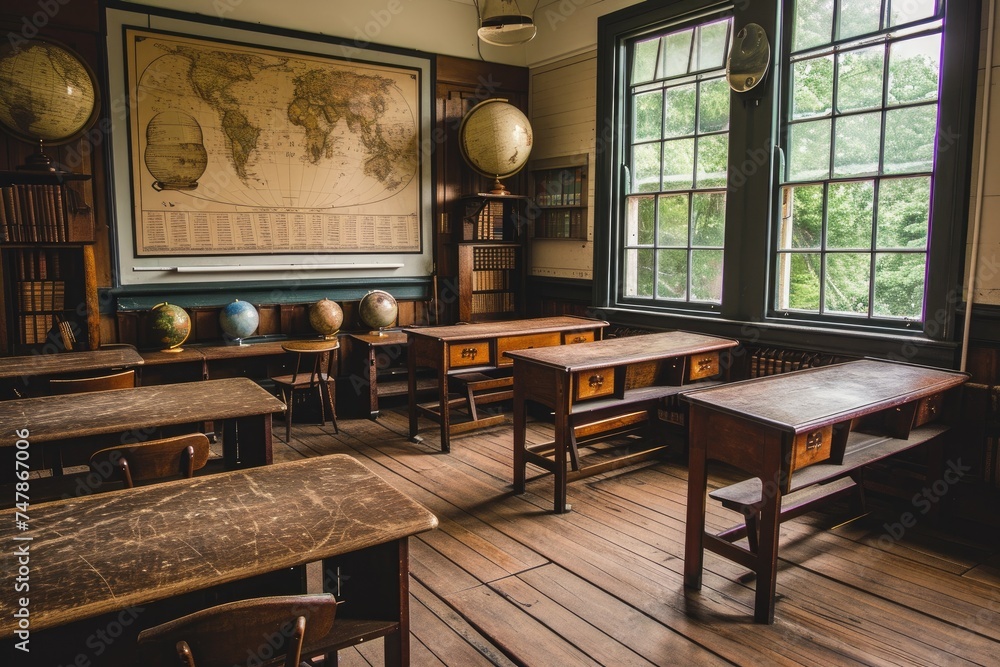 A classroom filled with rows of desks and a large map displayed on the ...