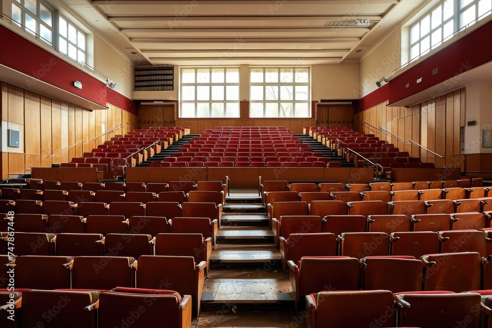 An expansive auditorium filled with a multitude of red seats, providing ...