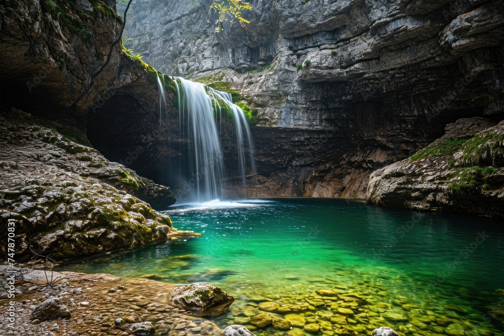 A powerful waterfall rushes down among the vibrant green waters of a ...