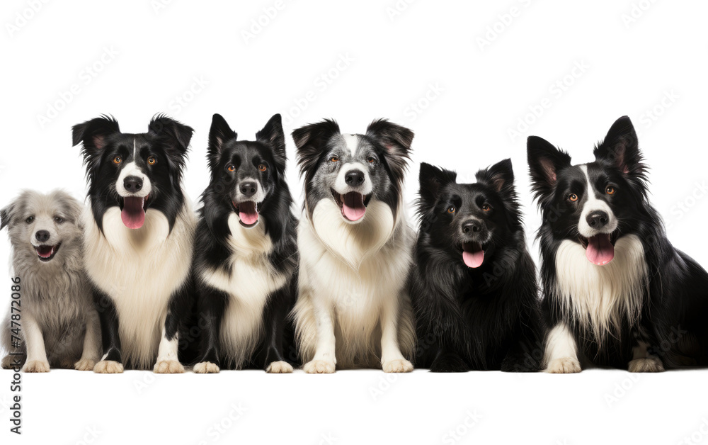 A group of dogs, of various breeds and sizes, sit closely next to each ...