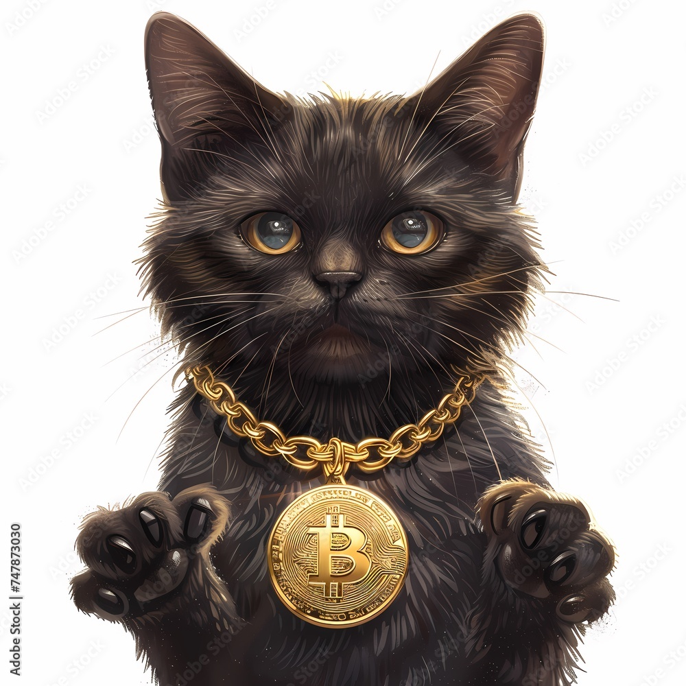 A charming black cat dons a gold chain, presenting a shiny Bitcoin ...